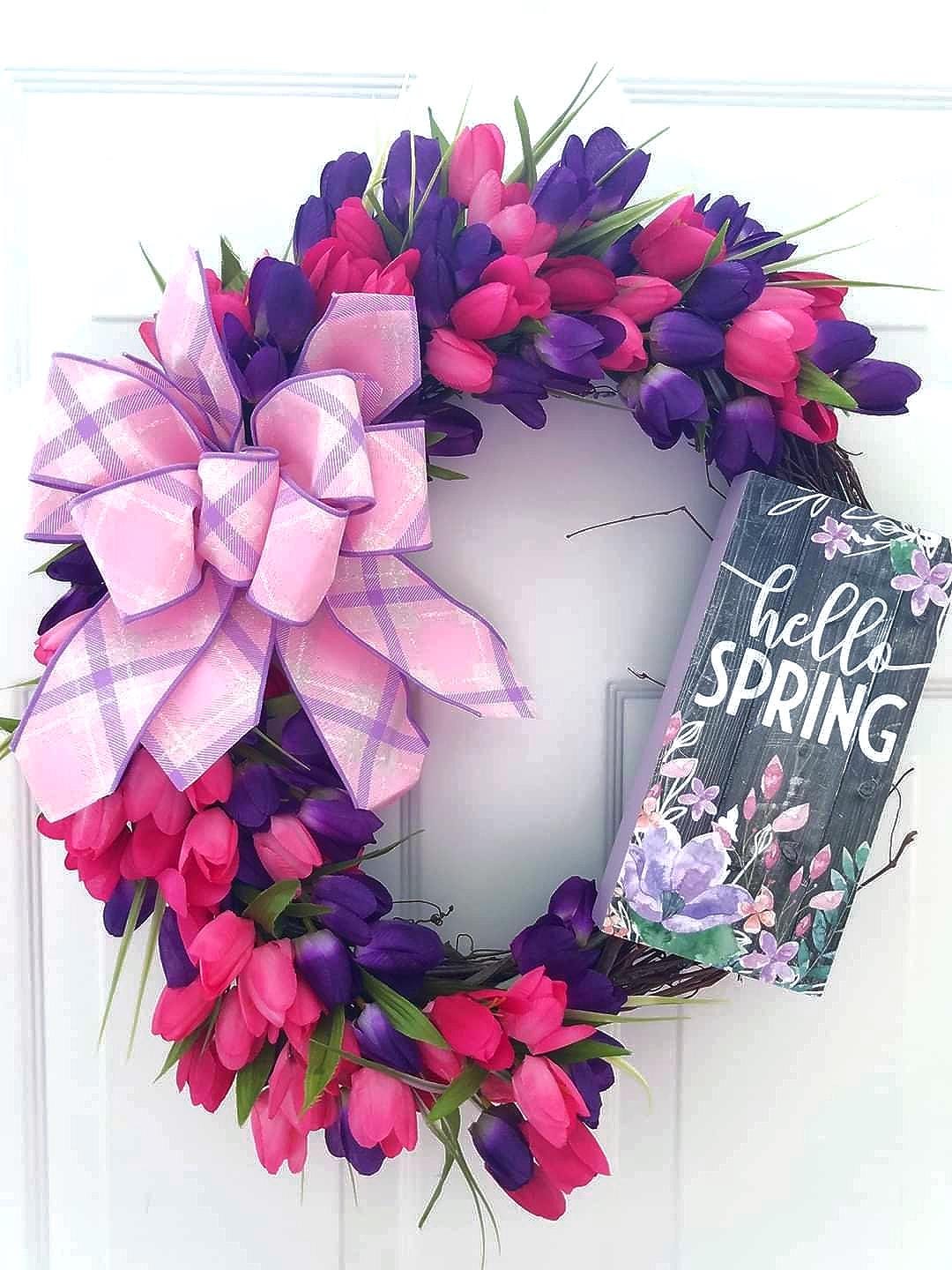 Hello Spring Wreath, Pink and Purple Tulip Wreath - Etsy
