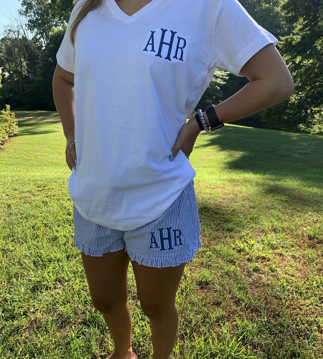 Monogrammed Seersucker Ruffle Shorts Pajamas - Navy, Pink, Light Blue ...