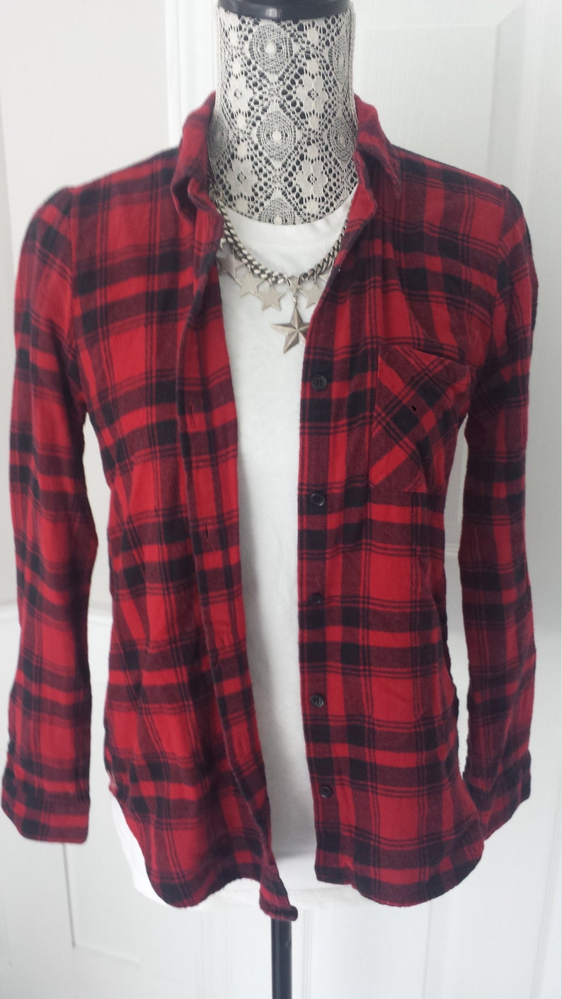 Red Black Mandala Plaid Flannel Shirt -OOAK, BOHO Size S Hand Bleached ...
