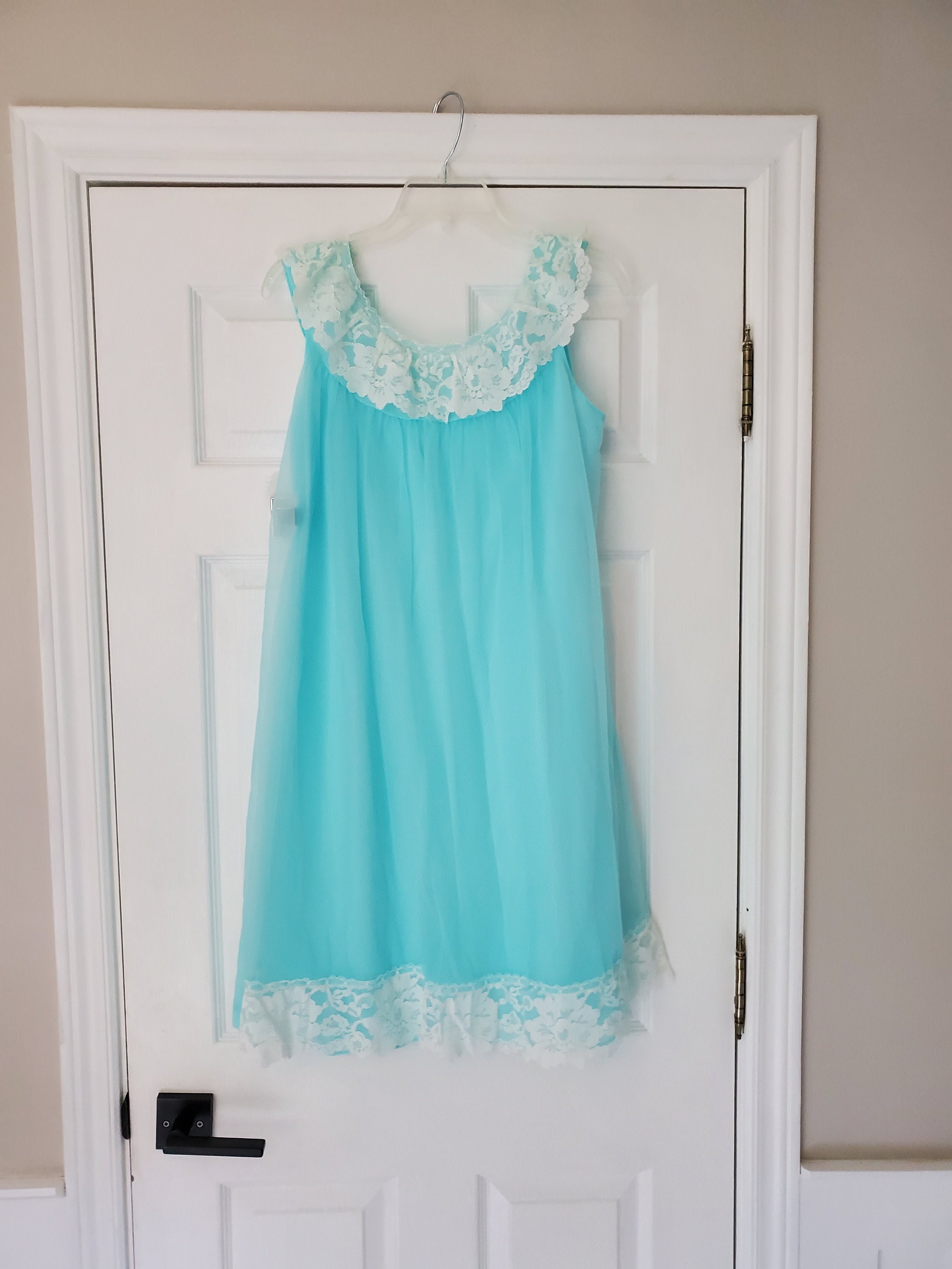 Vintage 60's Nightie, Dorsay Nightgown Turquoise Blue, White Lace, - Etsy