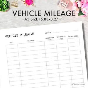 A5 VEHICLE MILEAGE Tracker, A5 Planner Inserts Printable, A5 Mileage ...