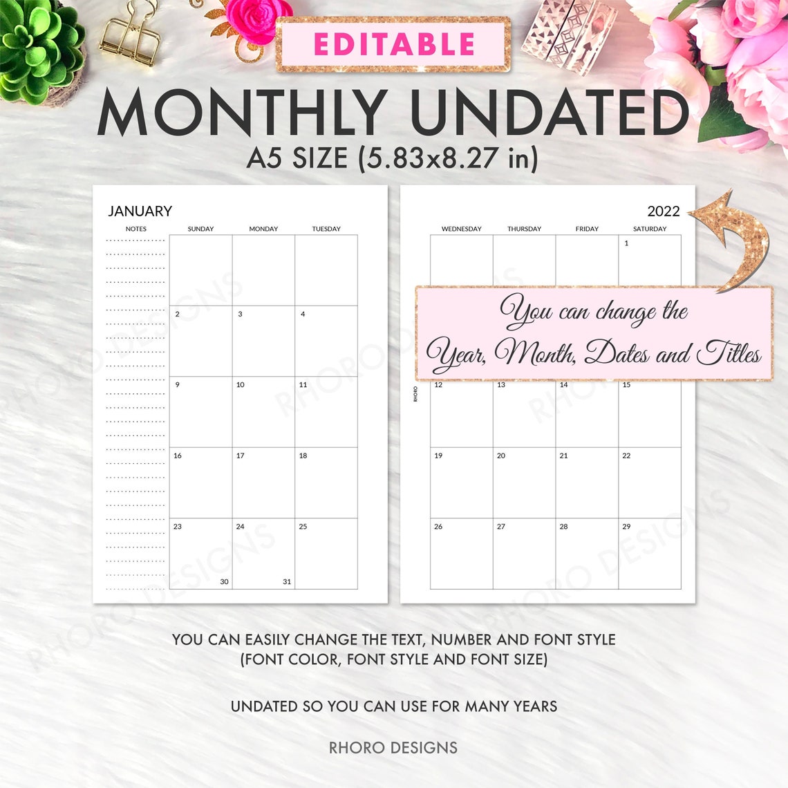 EDITABLE A5 Planner Inserts Printable A5 Monthly Inserts A5 - Etsy