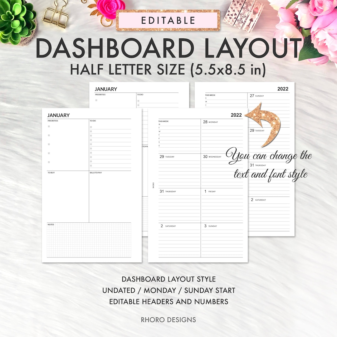 EDITABLE Half Letter Planner Inserts Printable, Weekly Dashboard Insert ...