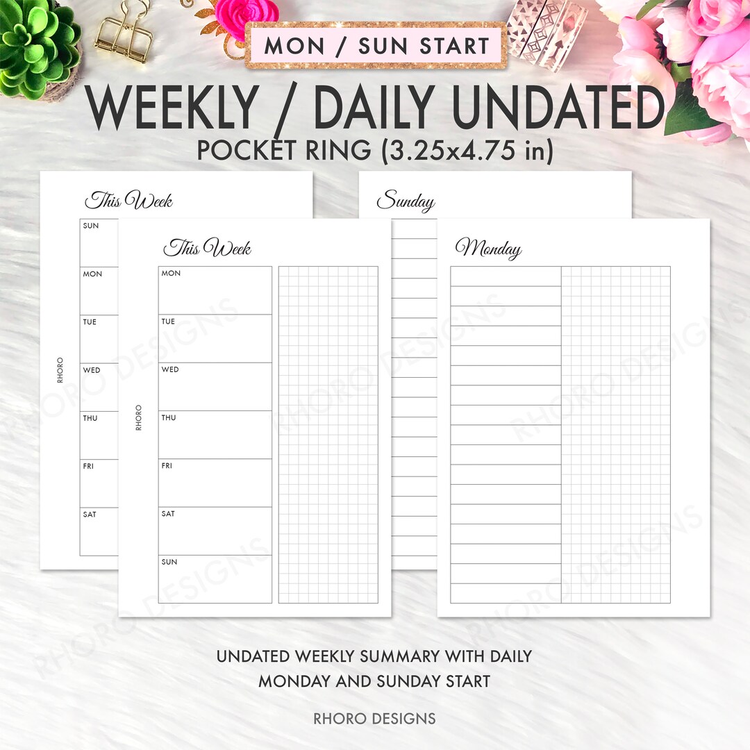 Pocket Ring Undated WEEKLY DAILY PLANNER Insert Printable, Monday ...