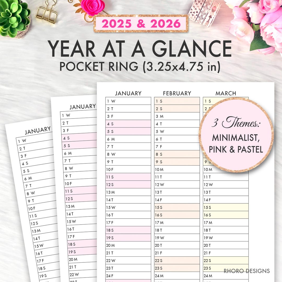 POCKET RINGS Printable Insert Calendar 2025 2026 Year at A Glance ...