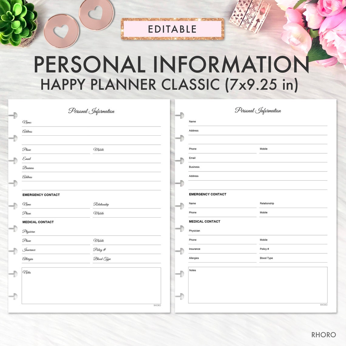 EDITABLE Happy Planner Classic Personal Information Printable Insert ...