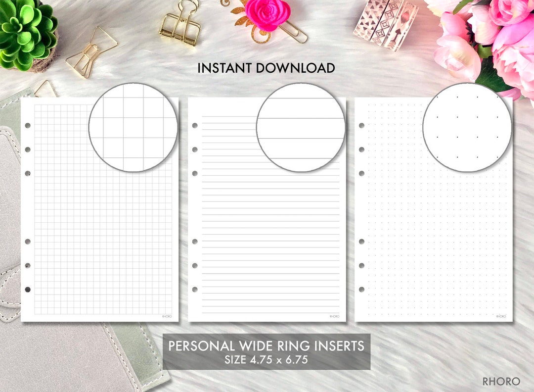 Personal Wide Ring Printable Insert Grid, Lines, Dotted Dot Grid Set ...
