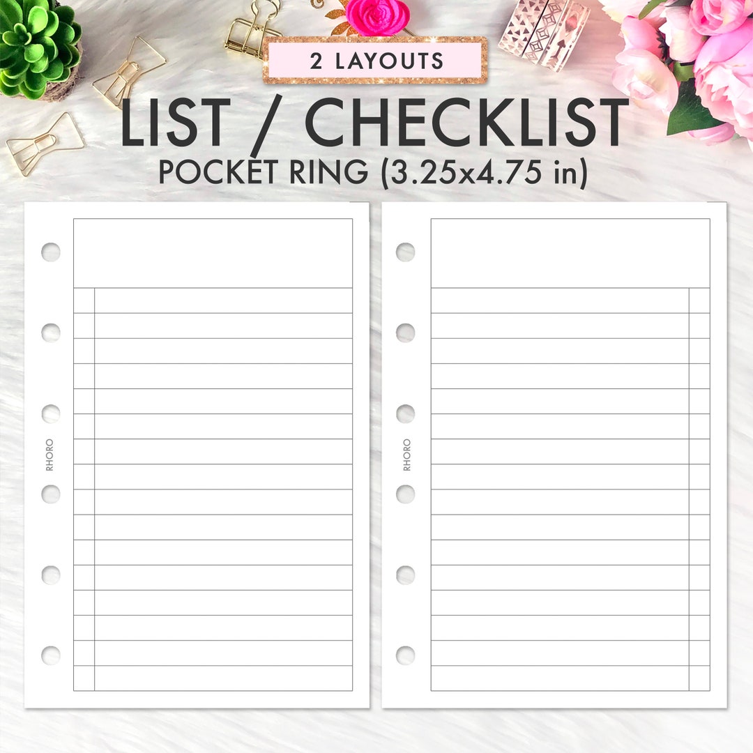 POCKET RINGS Inserts Printable, List Checklist Pocket Planner Printable ...