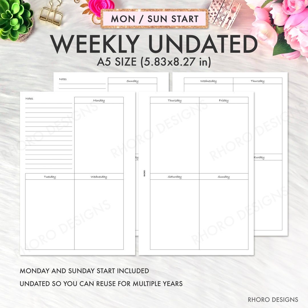 A5 Planner Inserts Printable, Weekly Insert, A5 Inserts Weekly Undated ...