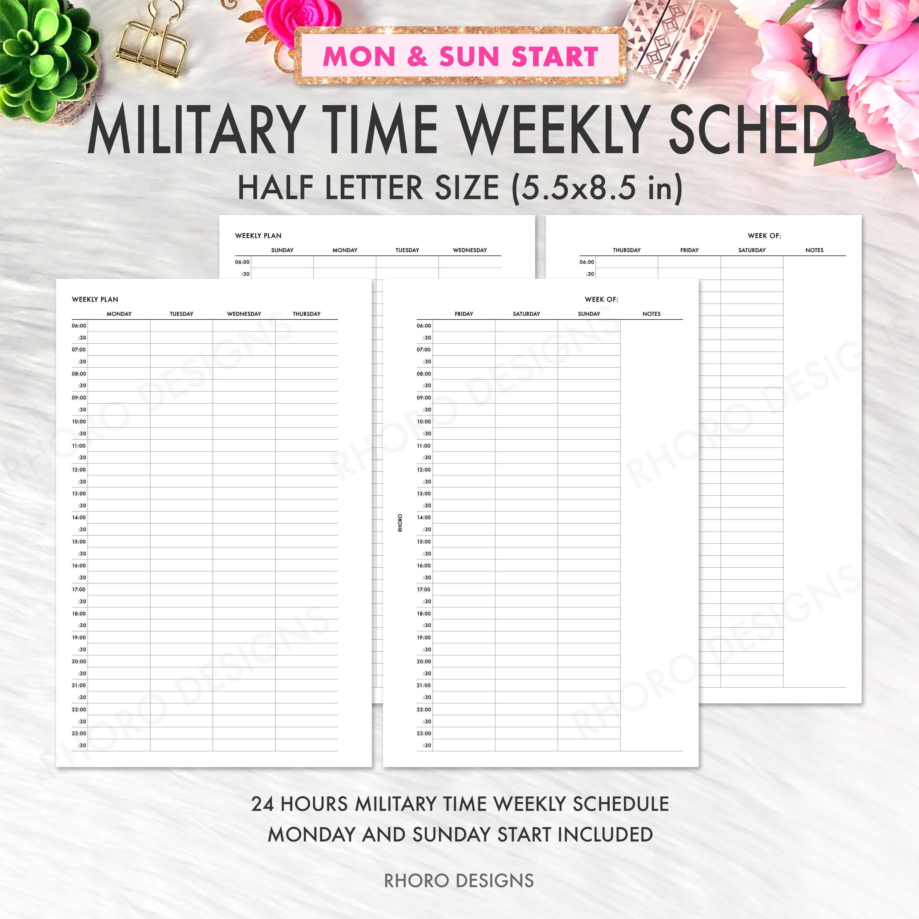 Half Letter Planner Inserts Printable, Military Time Weekly Schedule ...