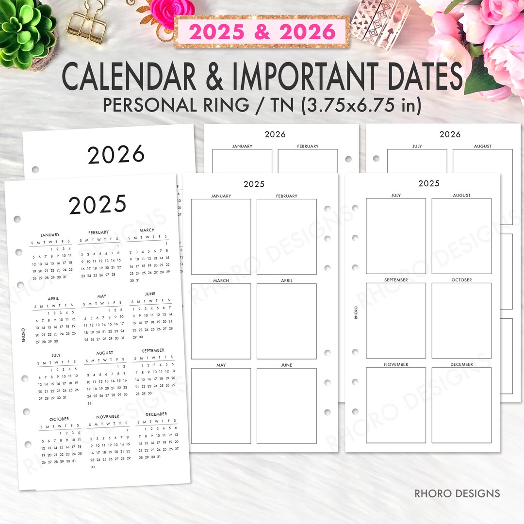 PERSONAL RING INSERT Printable 2025 2026 Calendar Date, Year at A ...