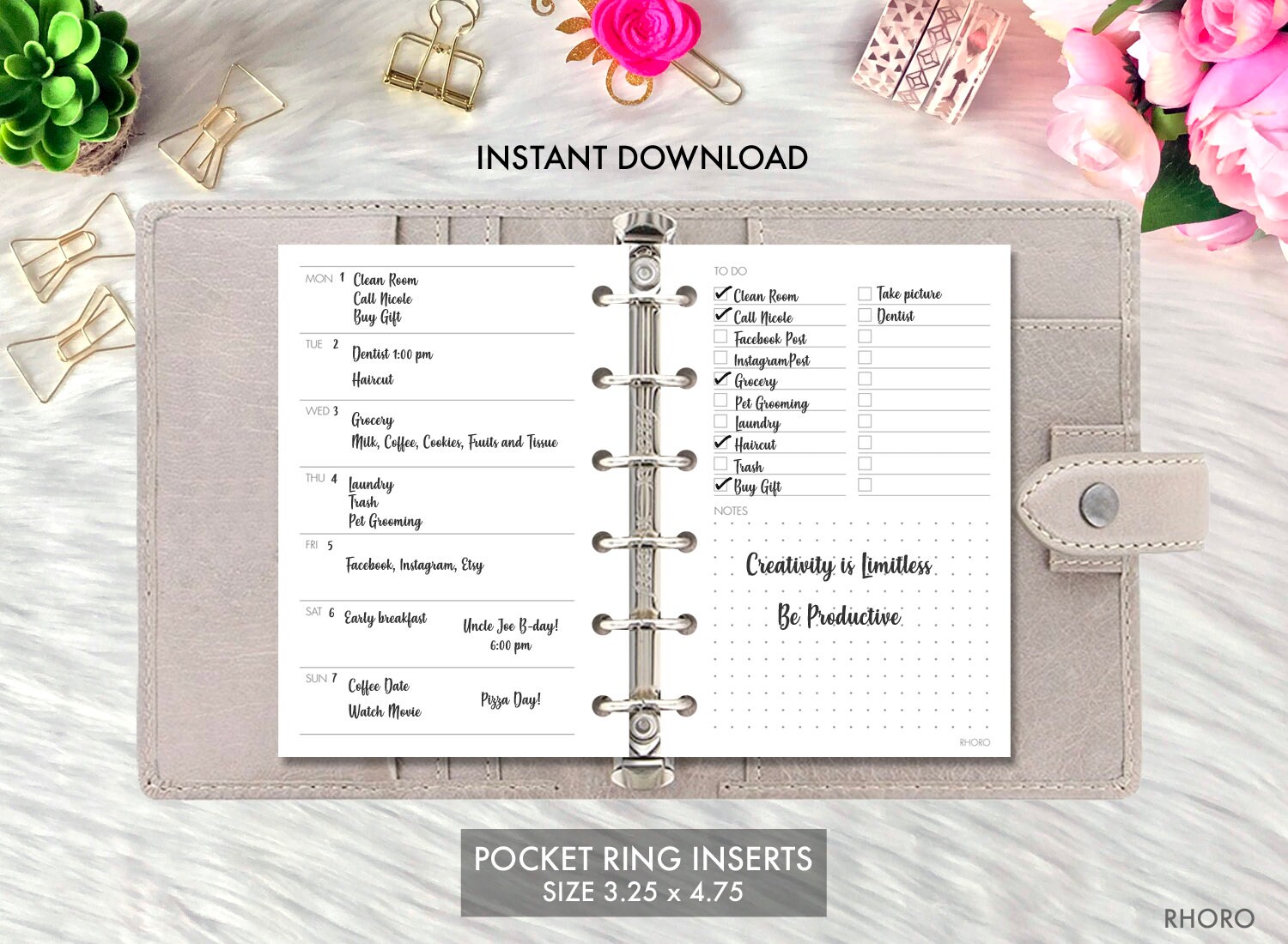 Pocket Rings Inserts Printable Weekly Pocket Planner | Etsy