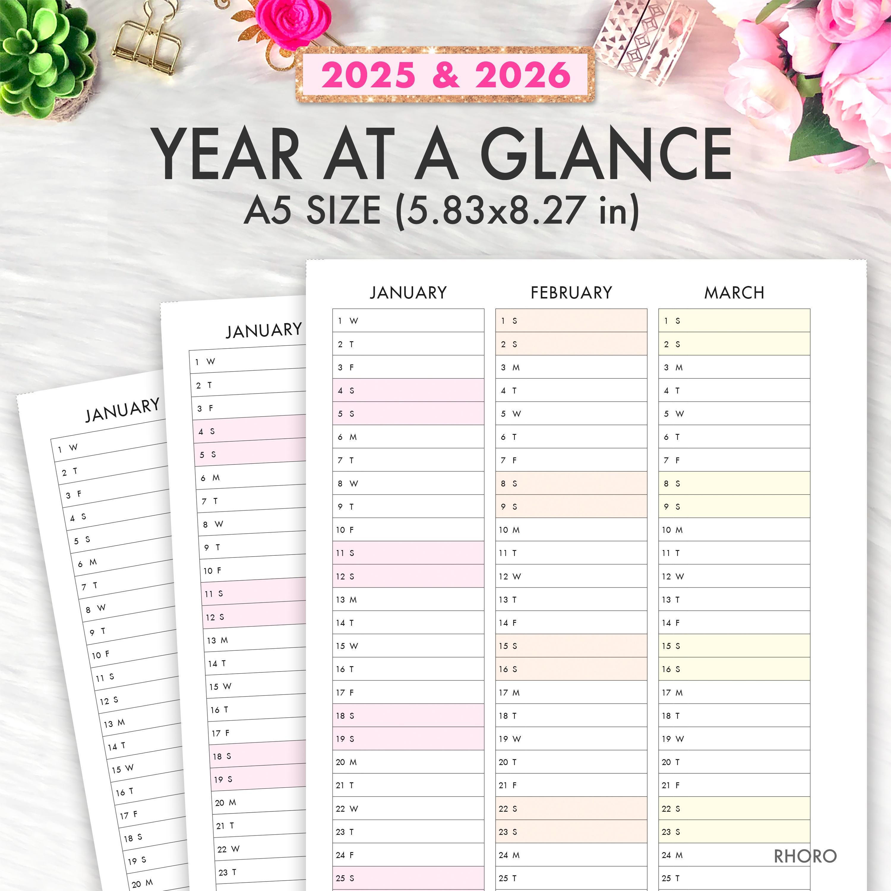 A5 Year at A Glance, A5 Planner Inserts Printable, A5 Yearly Overview ...