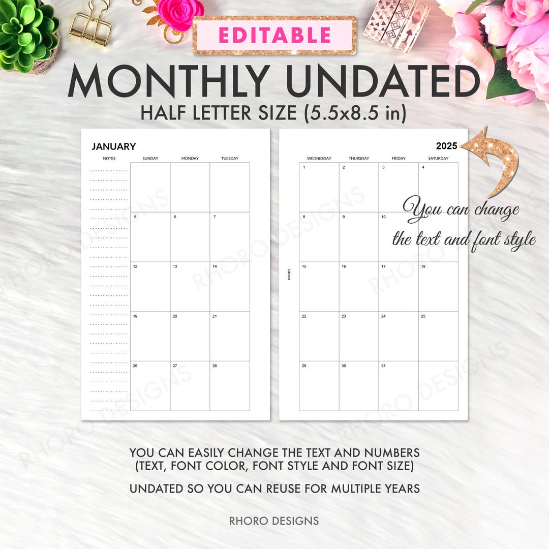 EDITABLE Half Page Calendar 2025, Half Page Planner Inserts, Monthly ...