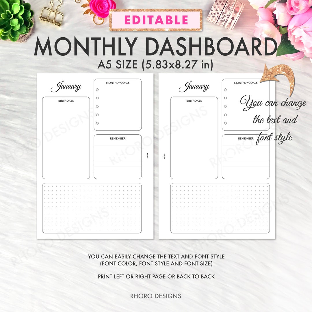 EDITABLE A5 Planner Inserts Printable, A5 Monthly Dashboard Inserts, A5 ...