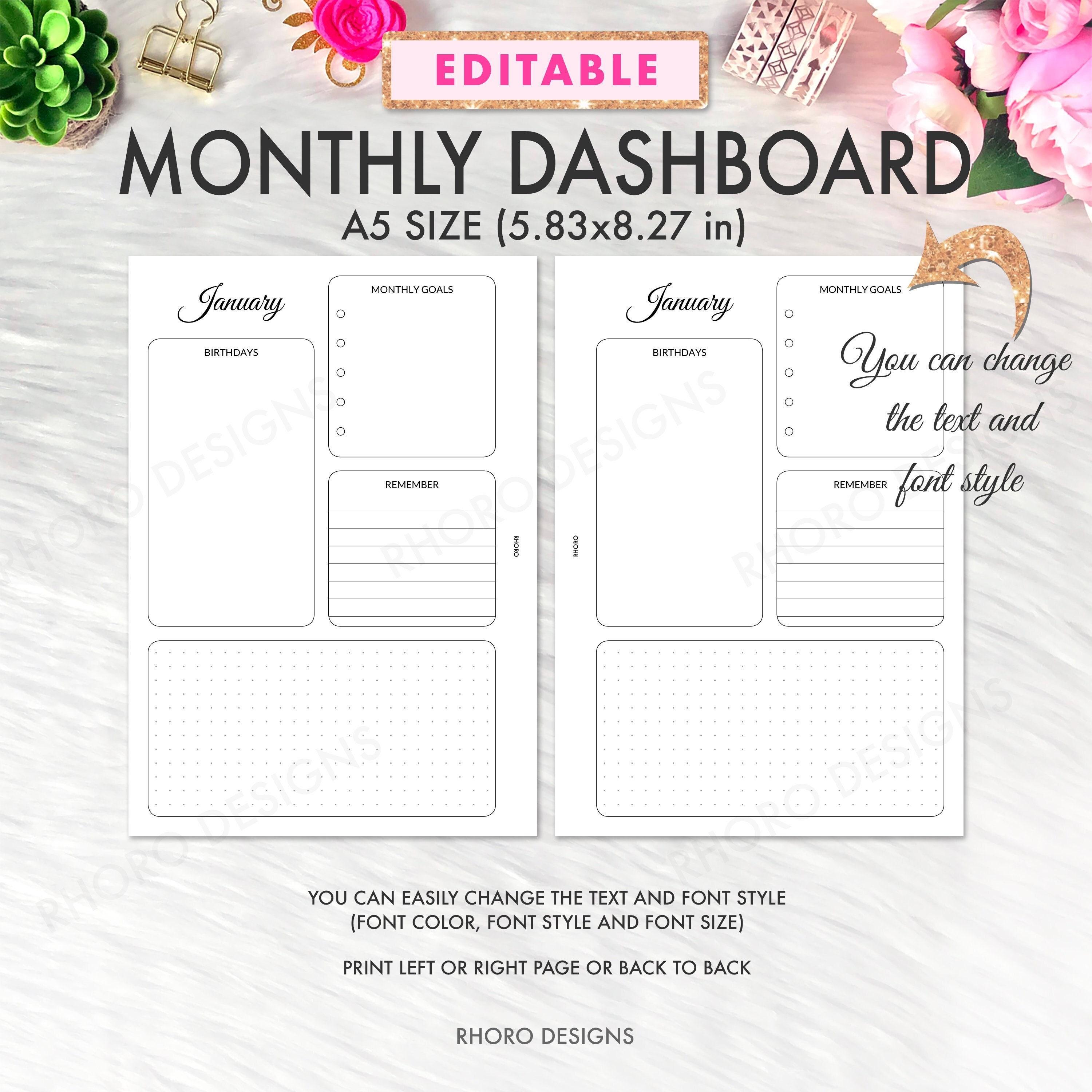 EDITABLE A5 Planner Inserts Printable, A5 Monthly Dashboard Inserts, A5 ...