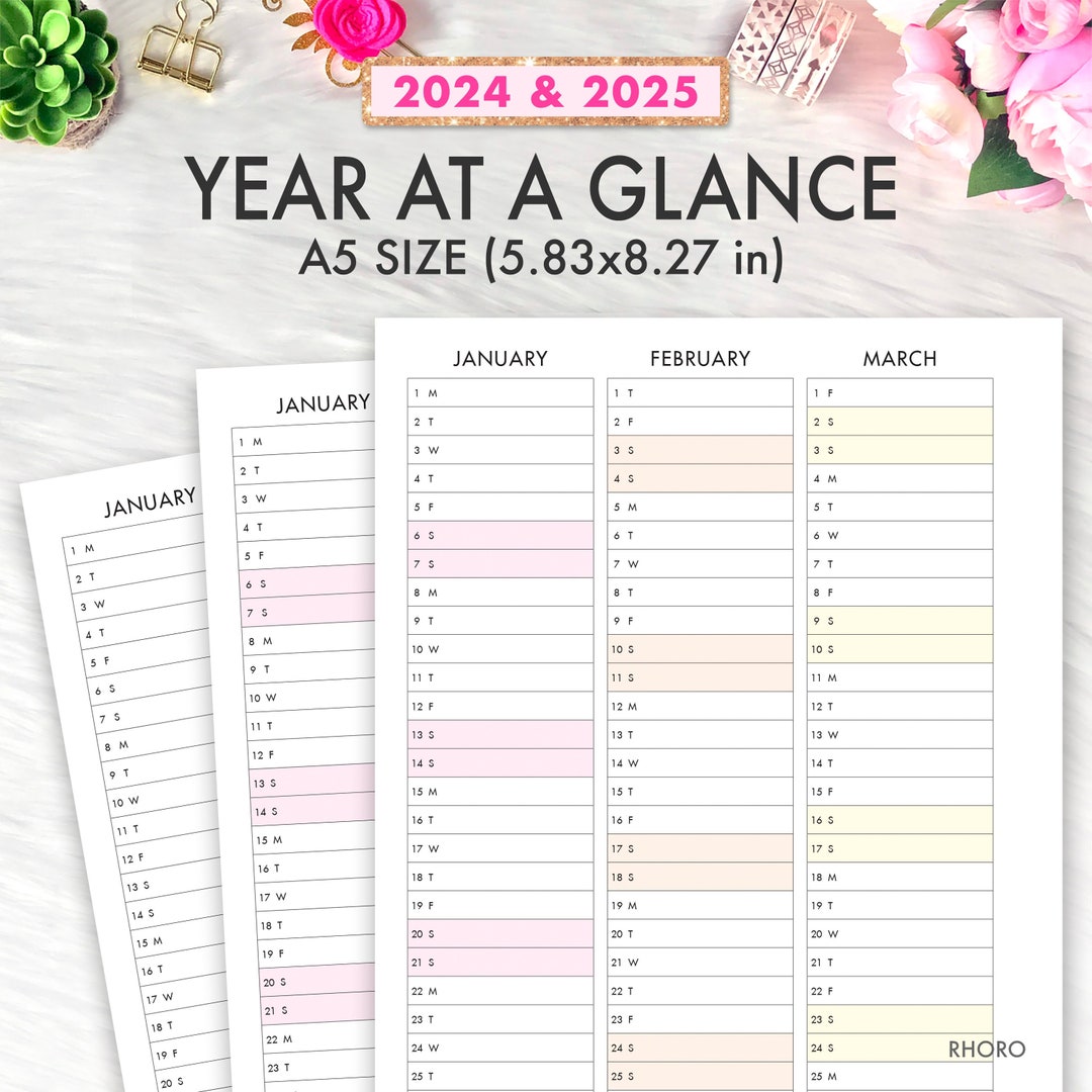 A5 Year at A Glance, A5 Planner Inserts Printable, A5 Yearly Overview ...