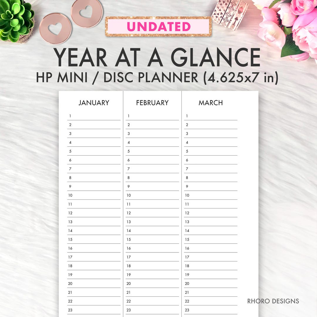 Mini Happy Planner Printable Inserts, Year at A Glance Undated Calendar ...