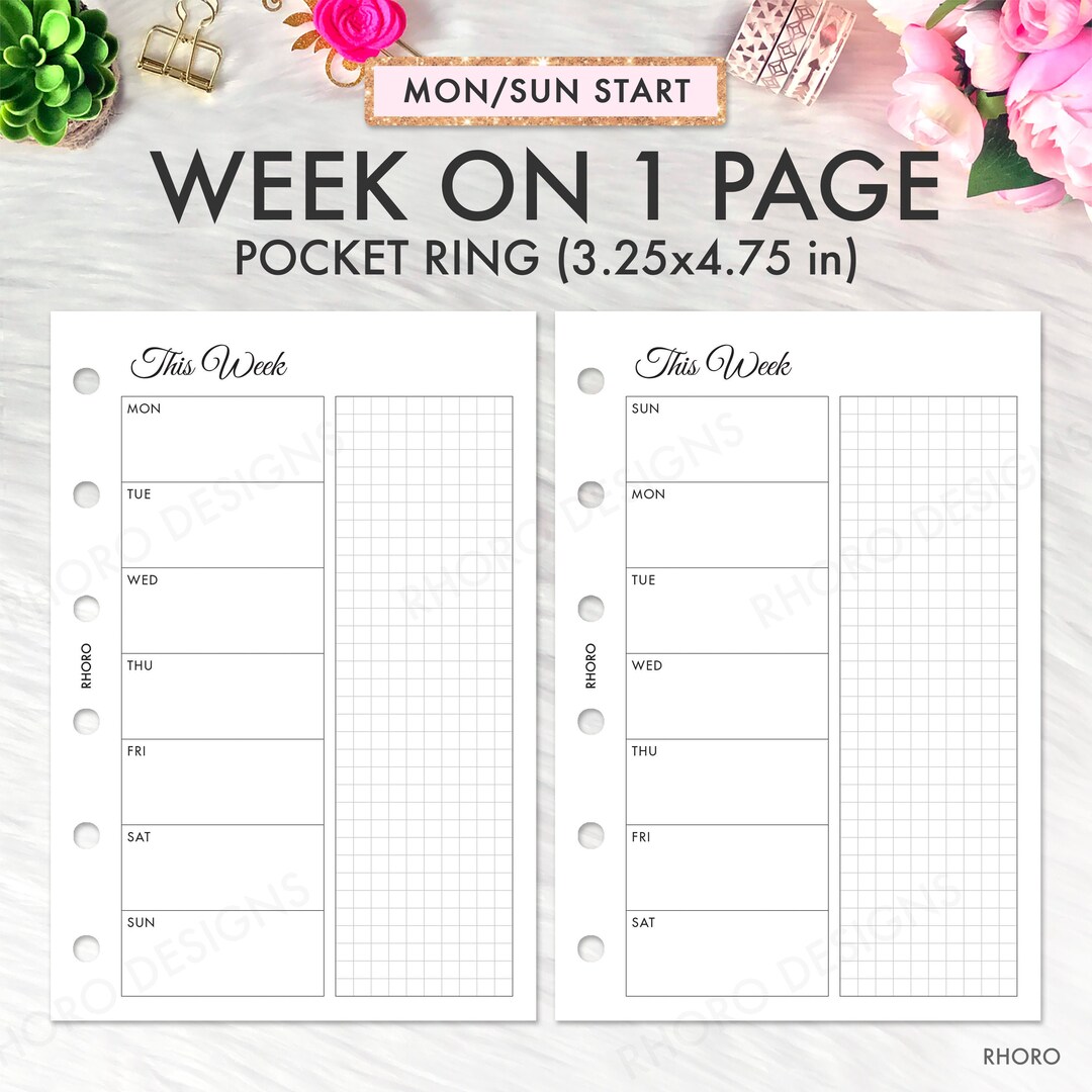 Pocket Weekly Insert, Pocket Planner Inserts, Week on 1 Page, Filofax ...