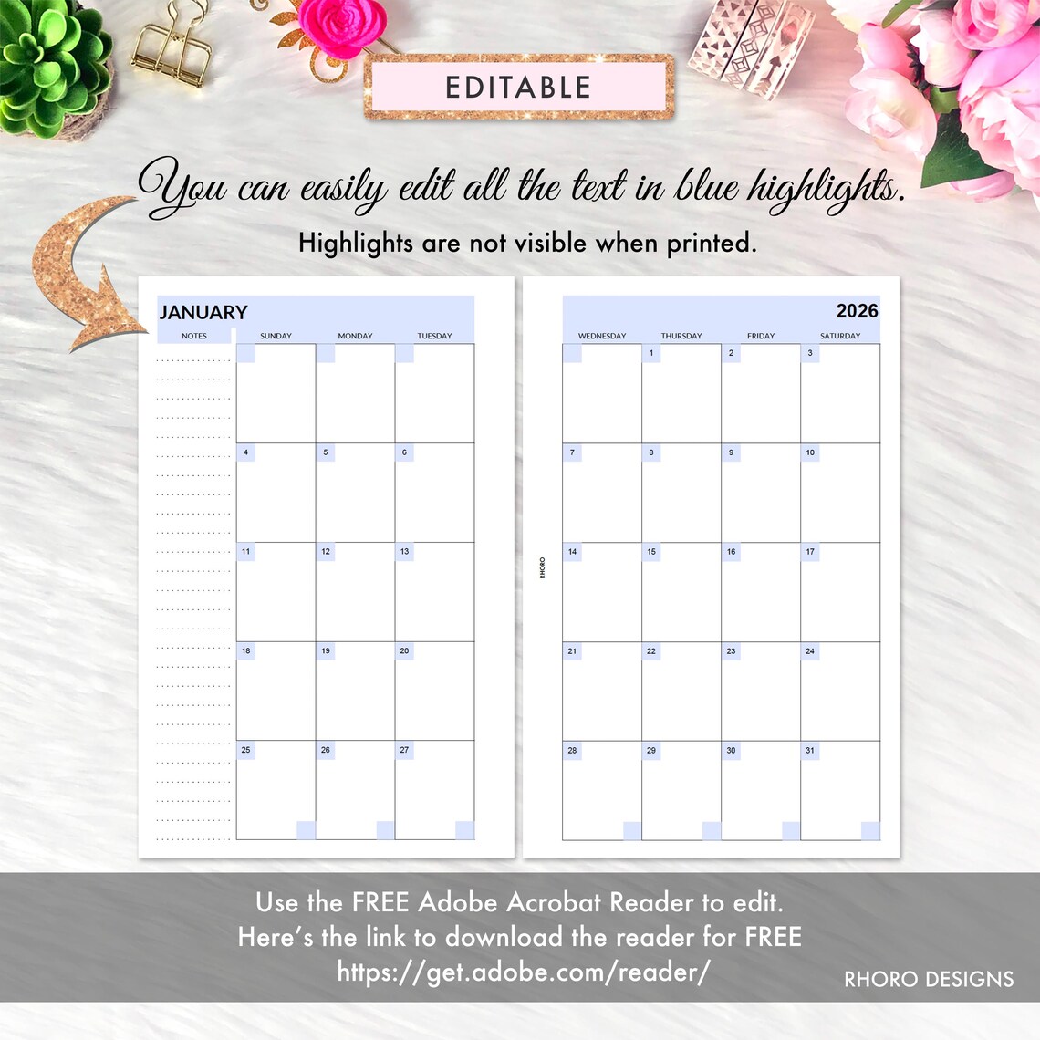 EDITABLE Half Page Calendar 2026, Half Page Planner Inserts, Monthly ...