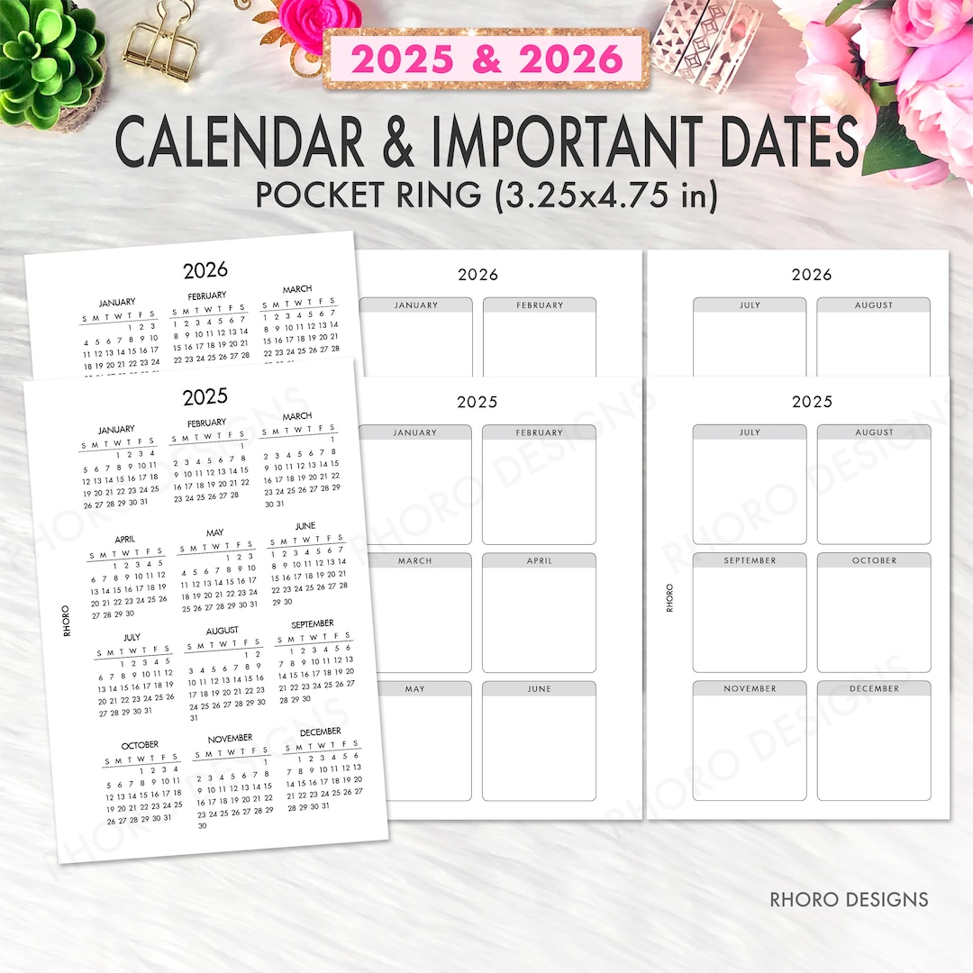 Pocket Ring Inserts Printable Calendar 2025 2026, Pocket Planner ...