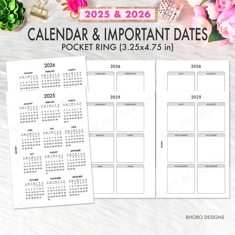 Pocket Ring Inserts Printable Calendar 2025 2026, Pocket Planner ...