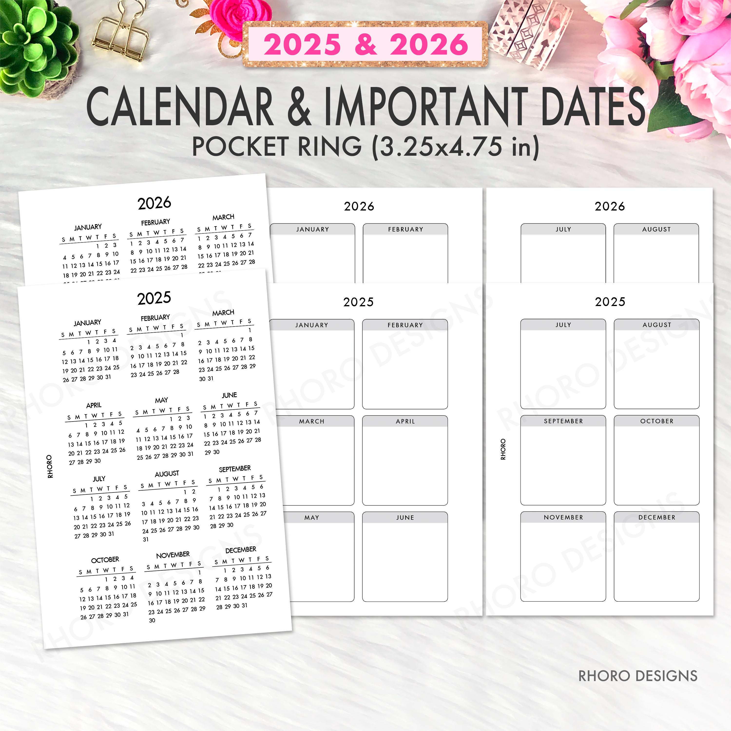 Pocket Ring Inserts Printable Calendar 2025 2026, Pocket Planner ...