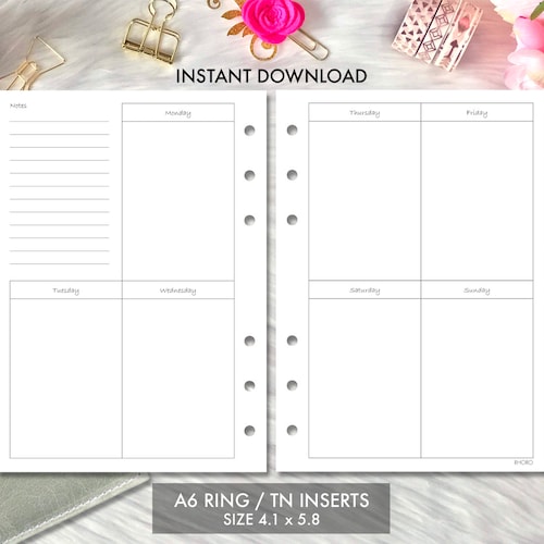 A6 Ring Inserts Printable Weekly Vertical Box A6 Ring TN - Etsy