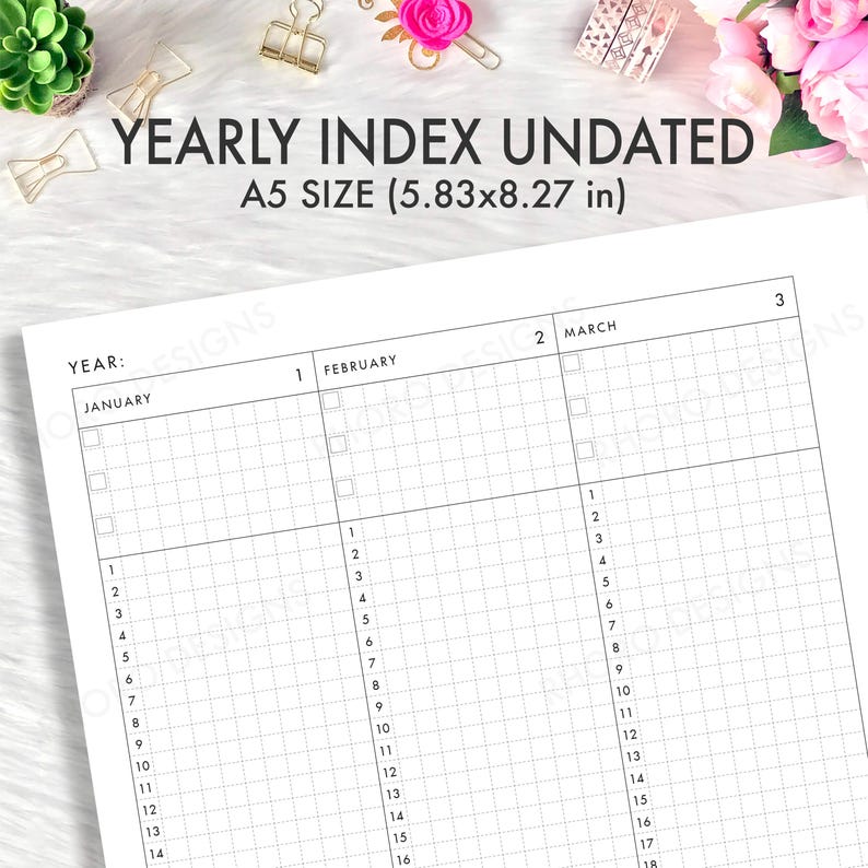 A5 Yearly Index Undated Planner Inserts Printable, A5 Yearly Calendar ...