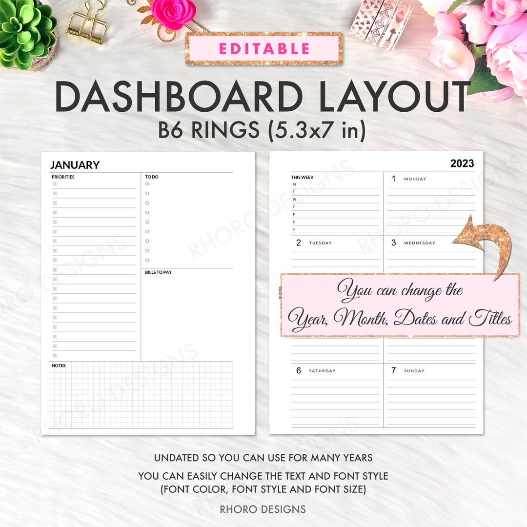 EDITABLE B6 Rings Inserts Printable, B6 Rings Weekly Dashboard Layout Planner Inserts, B6 Rings ...