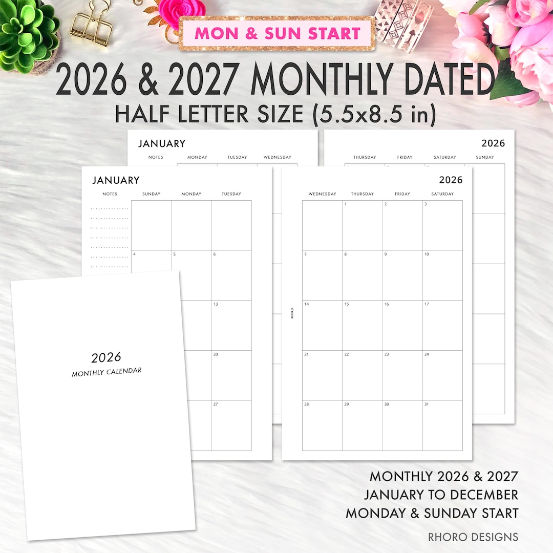 Half Page Calendar 2026 2027, Half Page Planner Inserts, Monthly Dated ...
