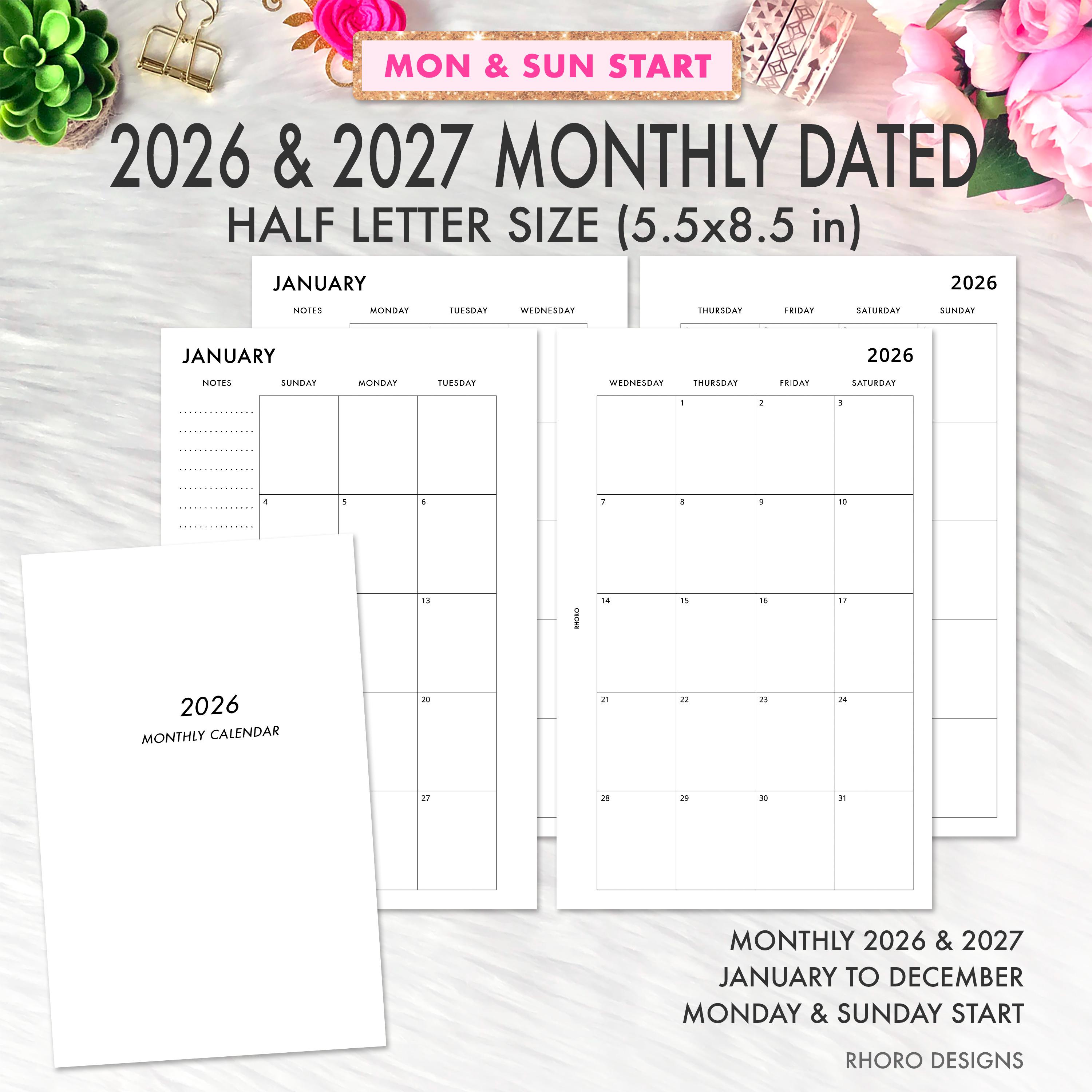 Half Page Calendar 2026 2027, Half Page Planner Inserts, Monthly Dated ...