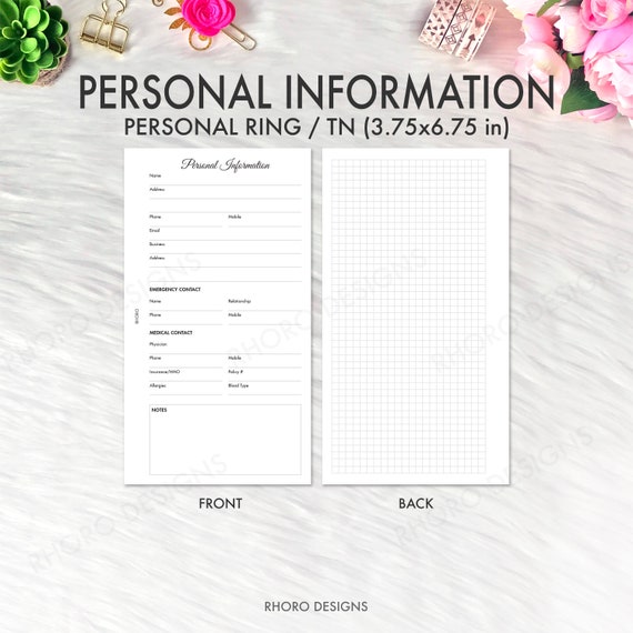 Personal Planner Inserts Printable Personal Information | Etsy