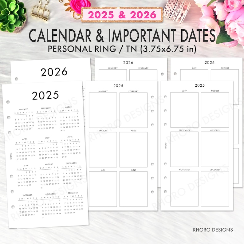 PERSONAL RING INSERT Printable 2025 2026 Calendar Date, Year at A ...