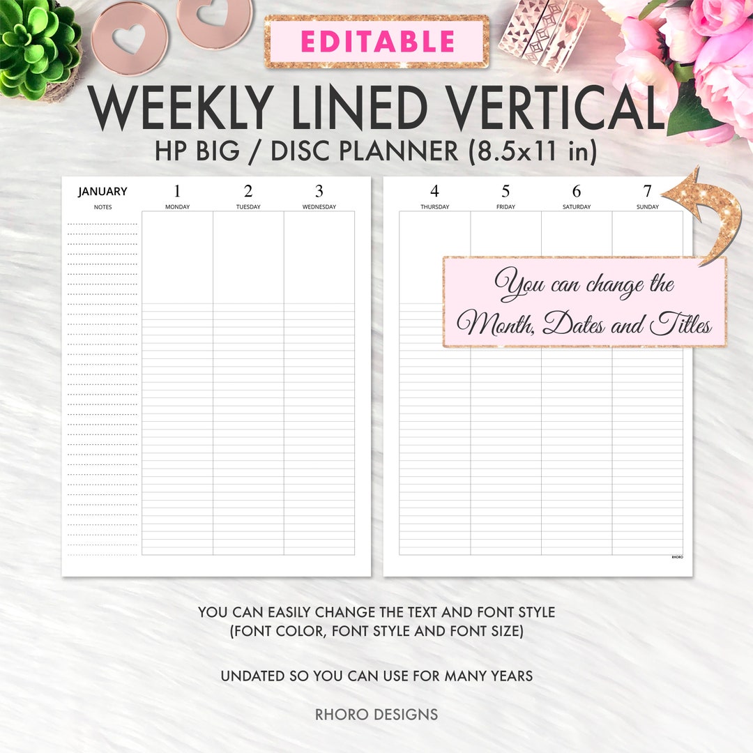 EDITABLE Big Happy Planner Printable Insert, Weekly Lined Vertical ...