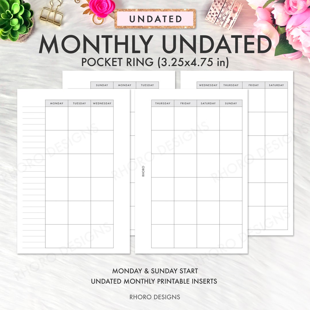 Pocket Ring Printables Monthly Insert, Month on 2 Pages, Monday Sunday ...