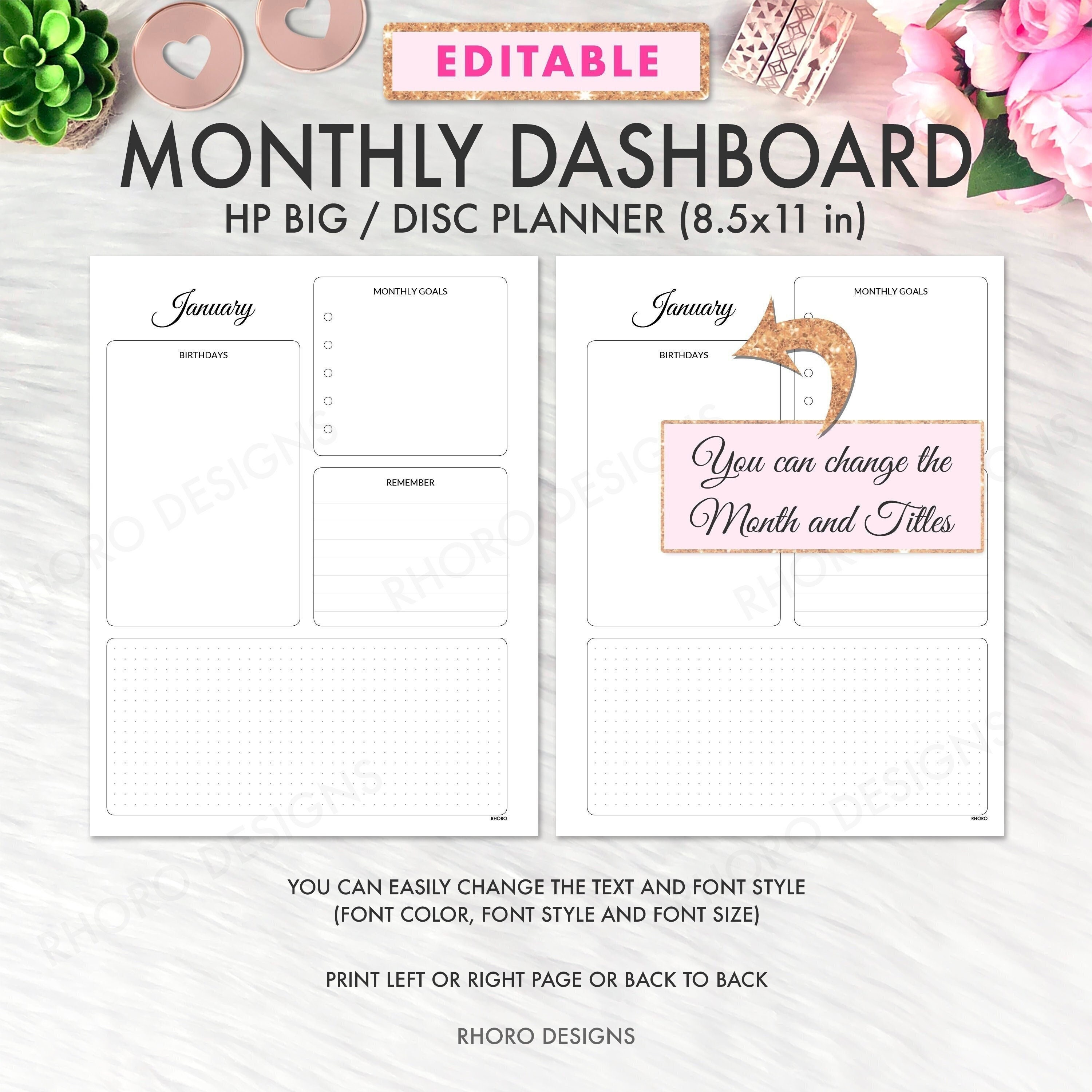 EDITABLE Big Happy Planner Inserts, Erin Condren Monthly Dashboard ...