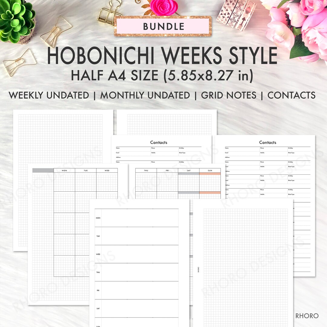 Half A4 Planner Inserts Printable, Hobonichi Weeks Grid Style Bundle ...