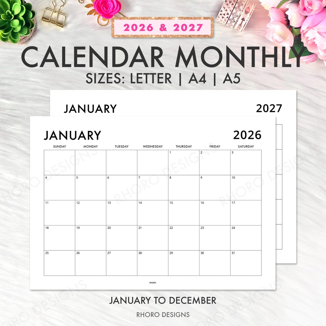 2026 2027 Calendar Printable, Letter A4 A5, Yearly Calendar, Monthly ...