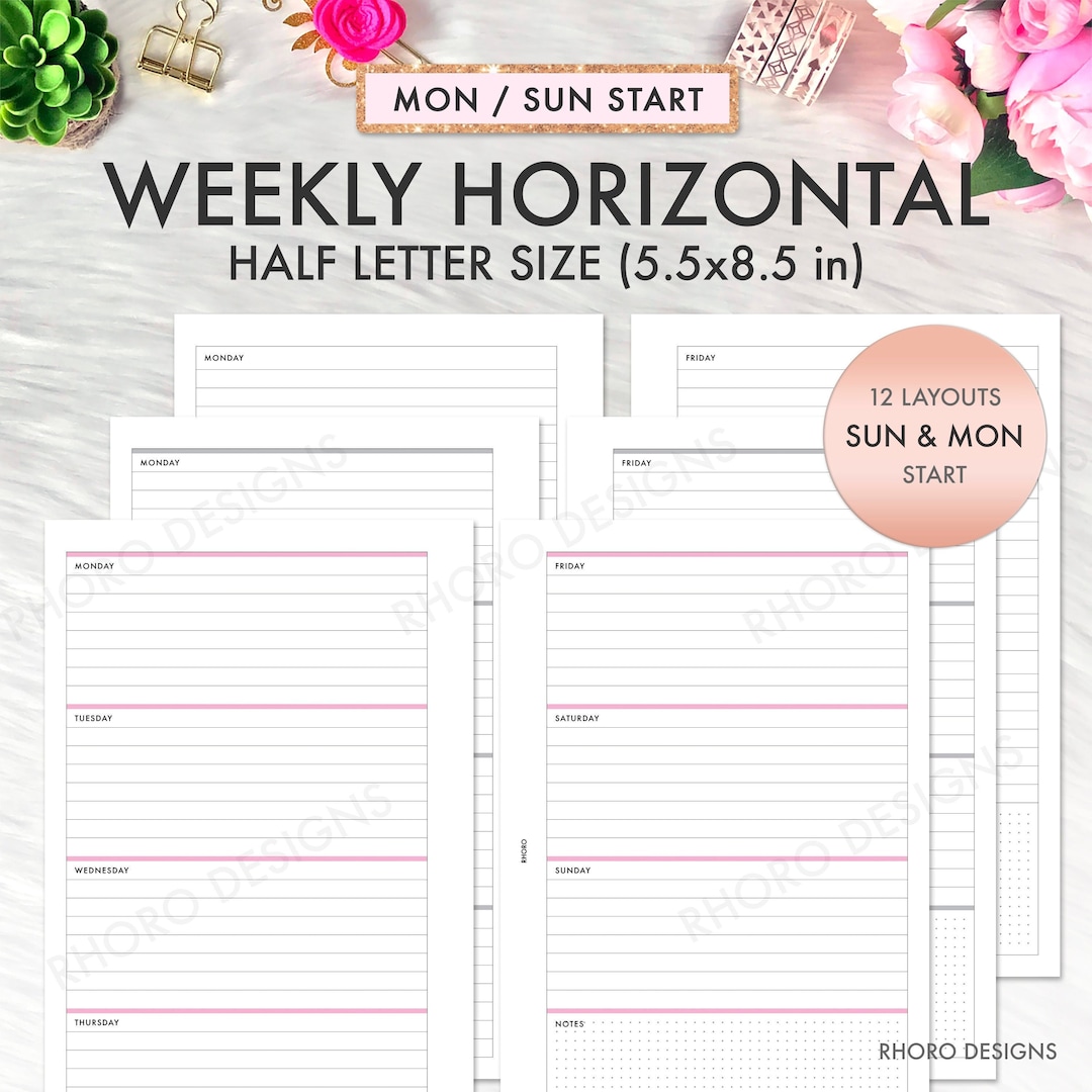 Half Letter Planner Inserts Printable, Weekly Horizontal Inserts, Half ...