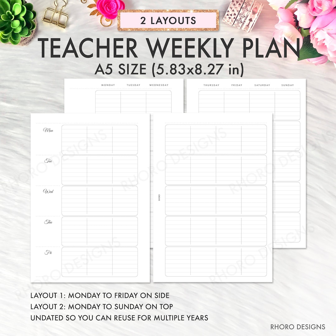 A5 Planner Inserts Printable, Teacher Planner Weekly Insert, Weekly ...