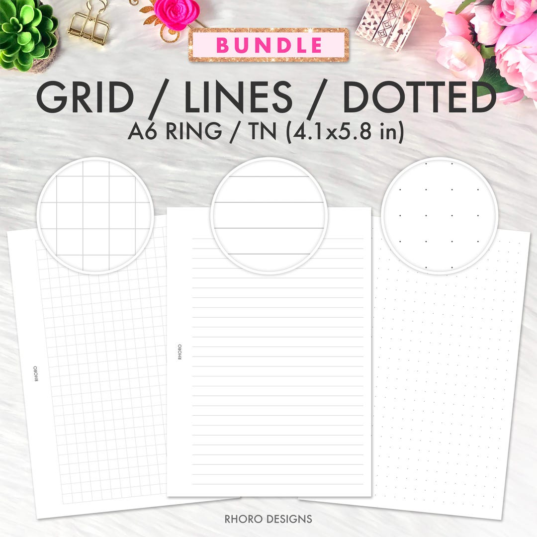 A6 Planner Insert Printable Grid, Lines, Dotted Grid Set, Printable A6 Ring TN Planner Insert ...