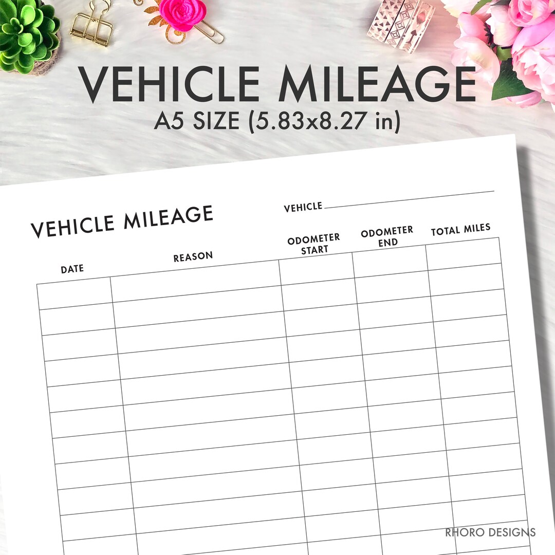 A5 VEHICLE MILEAGE Tracker, A5 Planner Inserts Printable, A5 Mileage ...