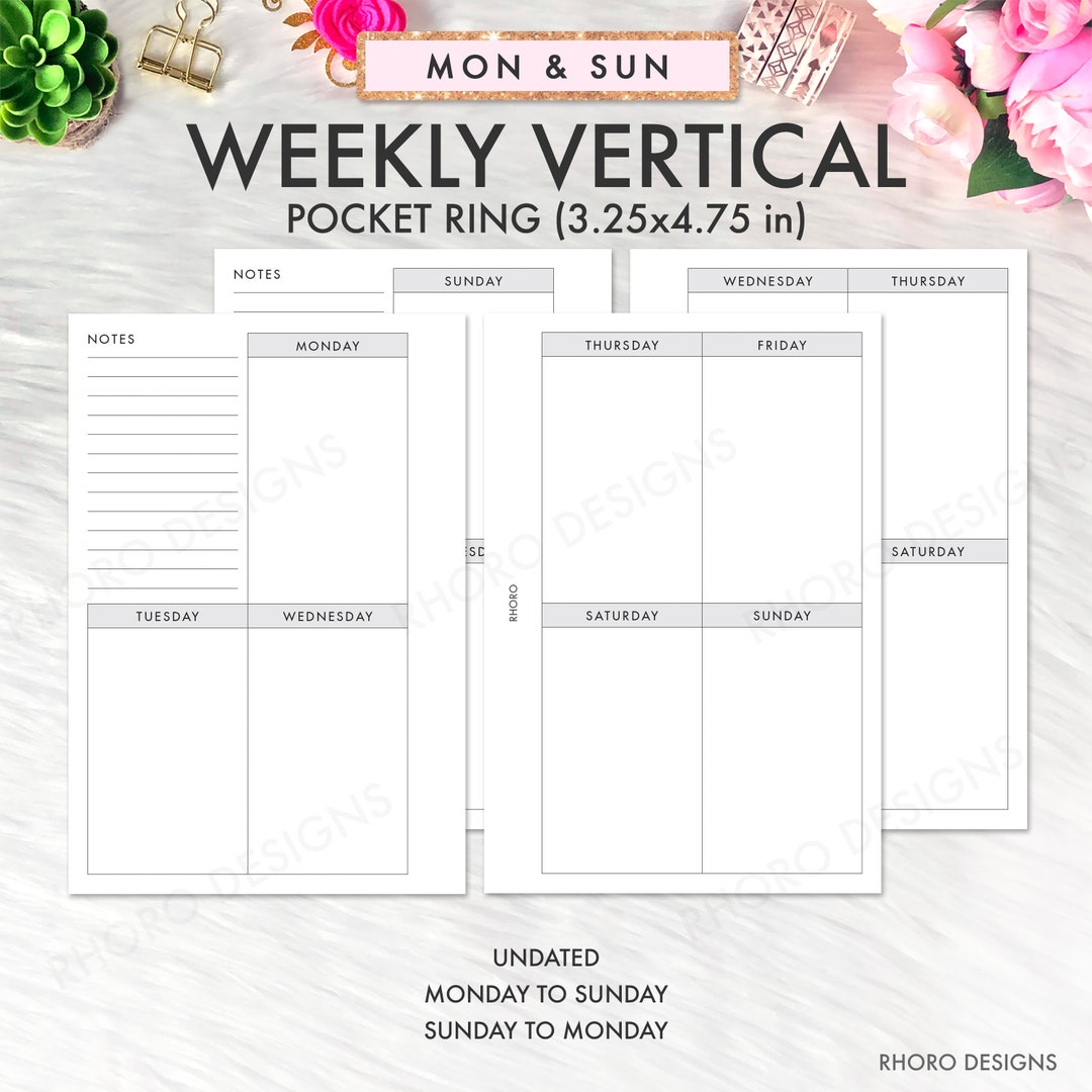 Pocket Ring Week on 2 Pages Vertical, Weekly Vertical Box Pocket Rings ...