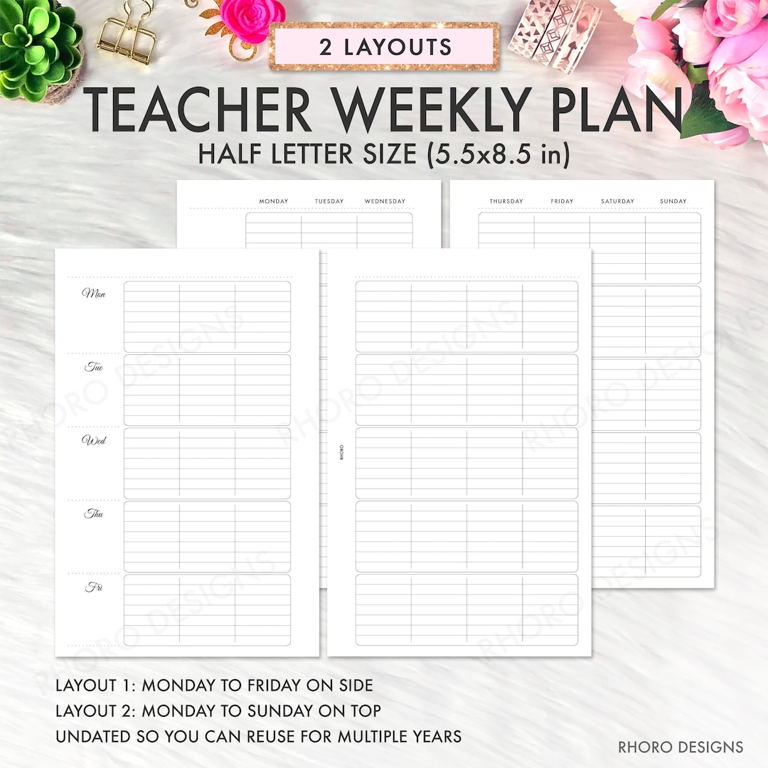 Half Letter Planner Inserts Printable, Teacher Planner Insert, Weekly ...