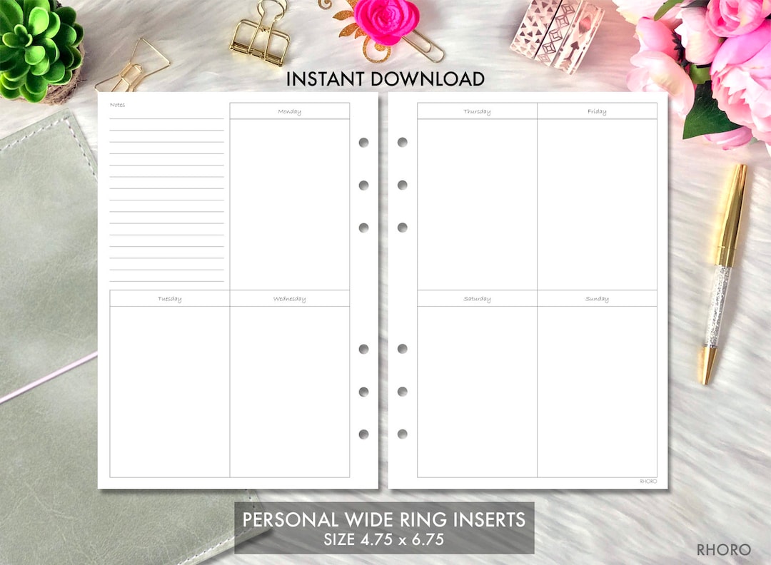 Personal Wide Printable Inserts, Verical Box WO2P Weekly Personal ...