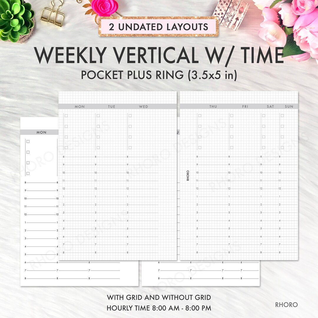 Pocket Plus Inserts Printable, Weekly Grid With Hourly Time, Pocket ...