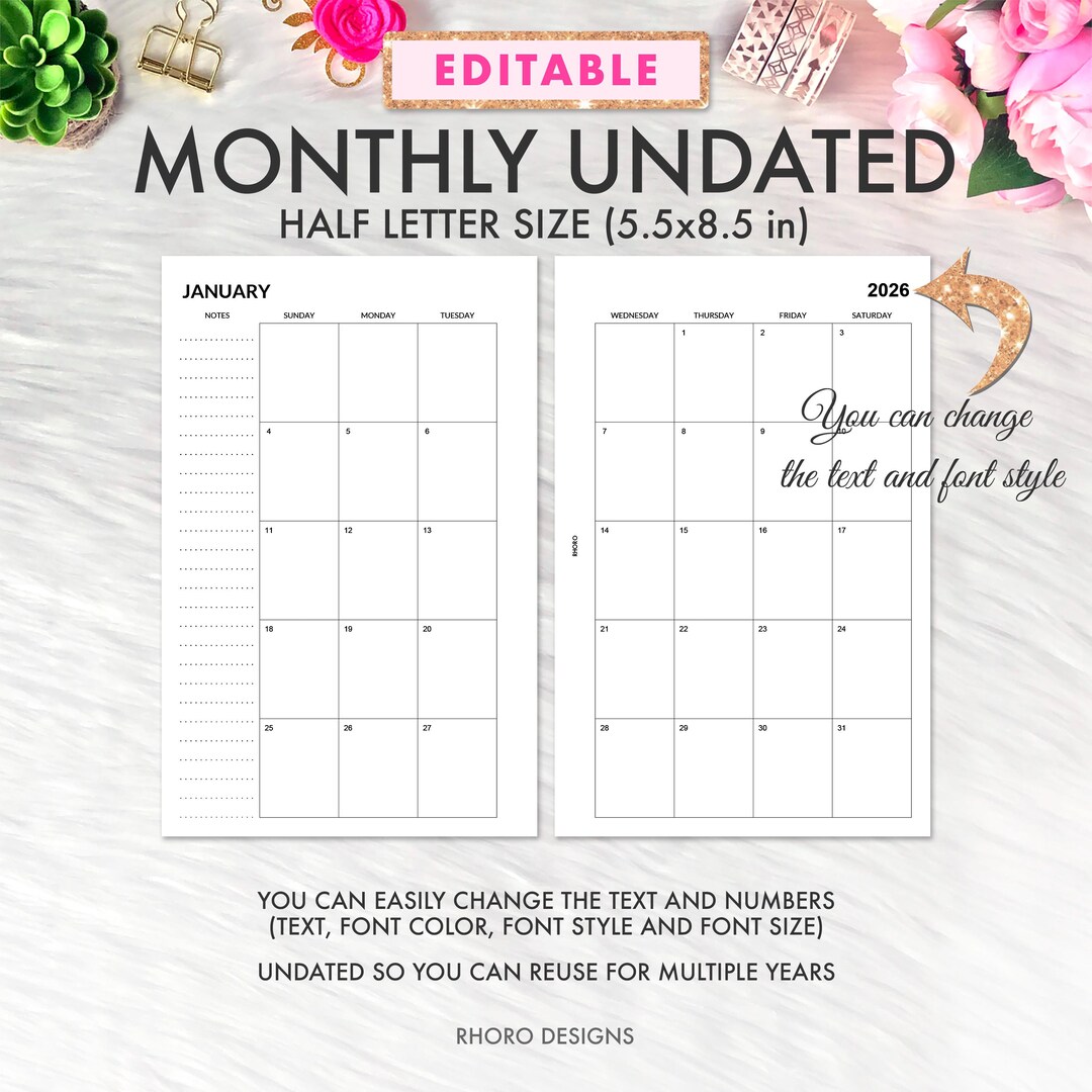 EDITABLE Half Page Calendar 2026, Half Page Planner Inserts, Monthly ...