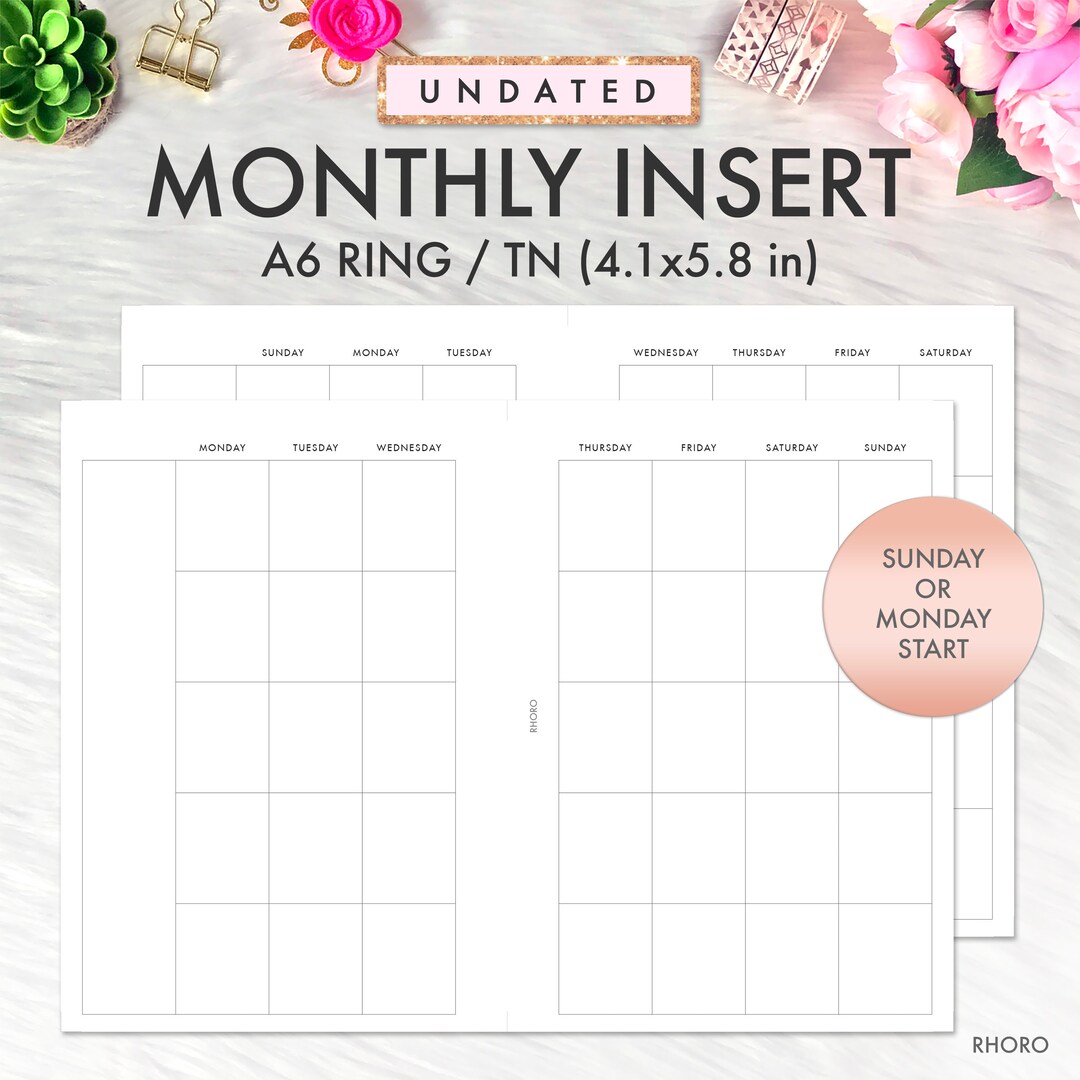 A6 Planner Inserts, A6 Monthly Inserts Printable, A6 Monthly Inserts ...