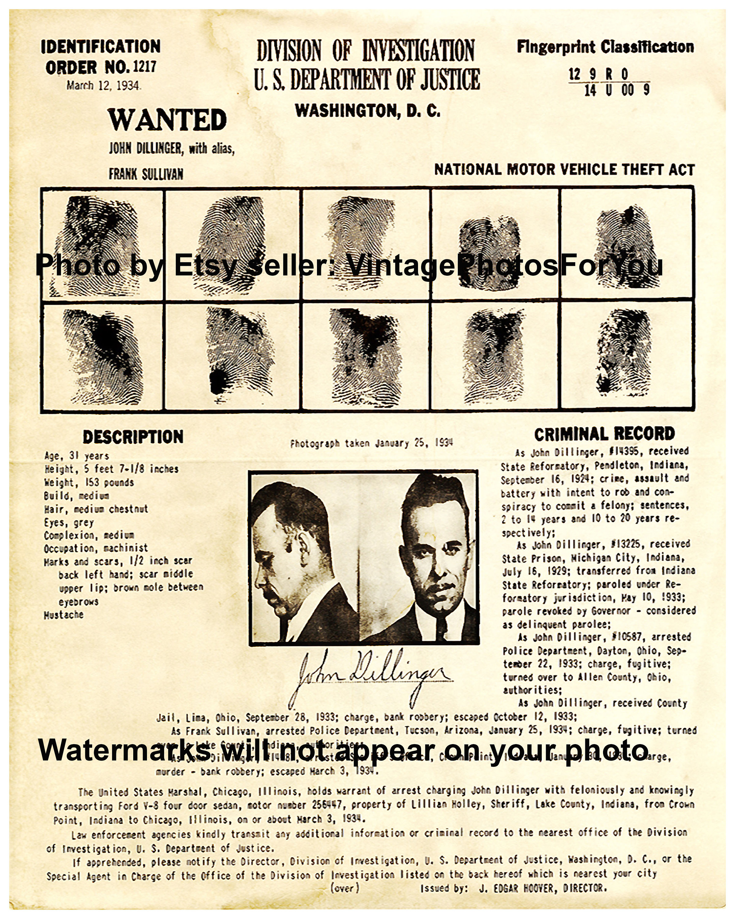 John Dillinger Wanted Poster